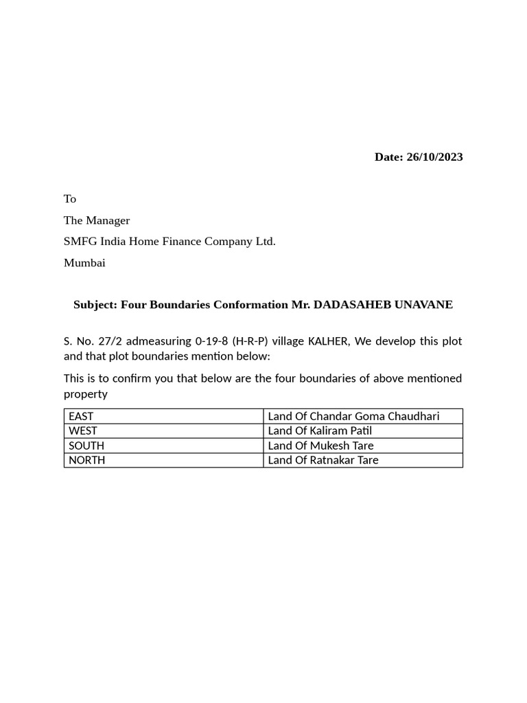 Dadasaheb Unavane (Four Boundaries Letter) | PDF