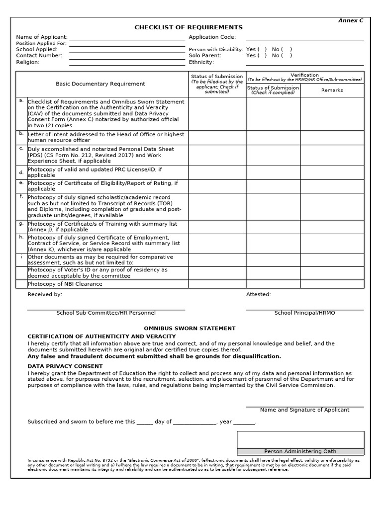Annex C - Checklist of Requirements and Omnibus Sworn Statement - TEACHER I SY 2025 2026 | PDF