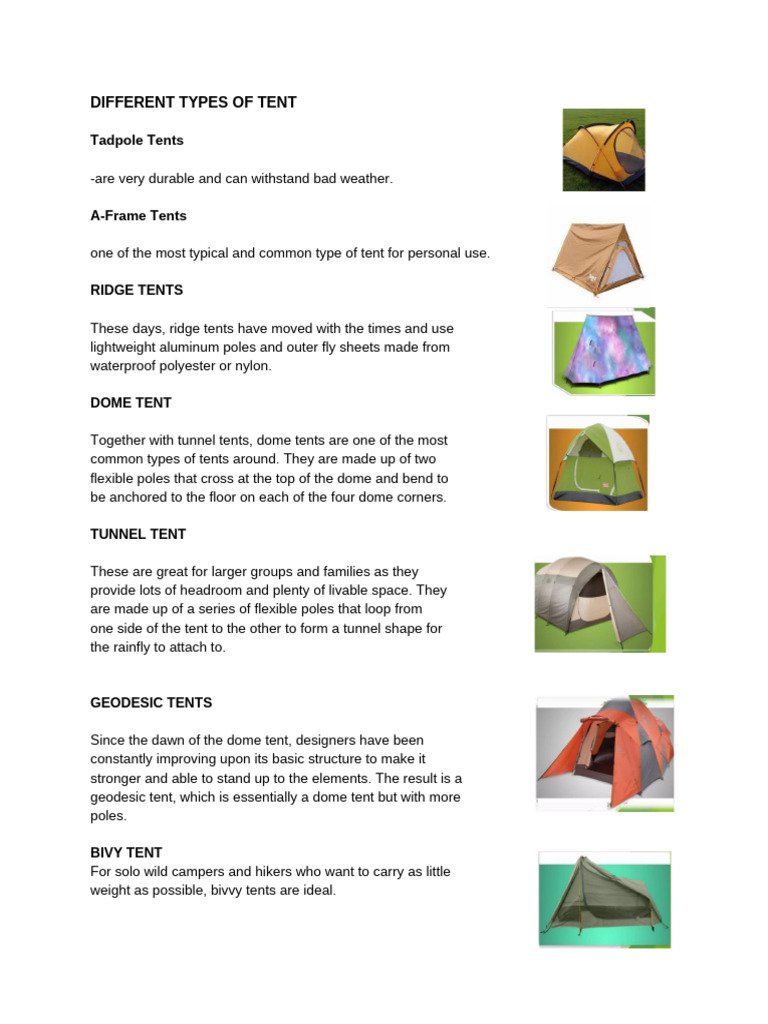 Different Types of Tent: Tadpole Tents | PDF