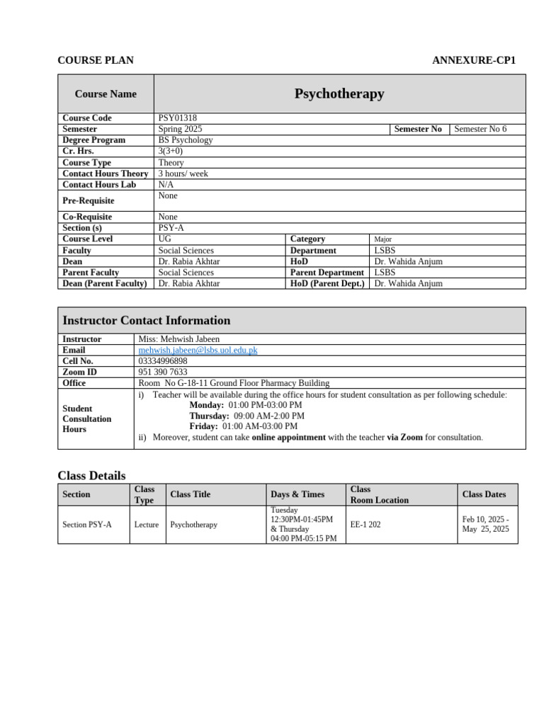Psychotherapy Course Plan - Spring 2025 | PDF | Psychotherapy | Psychology