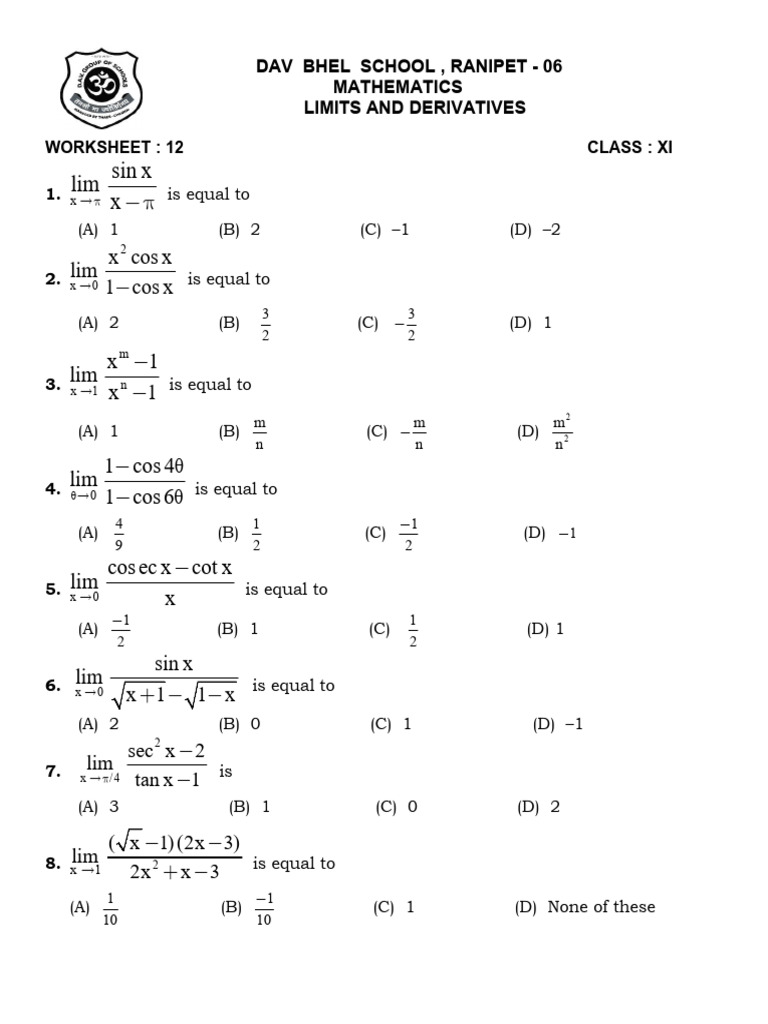 11 A&B - Limits & Derivatives - Worksheet | PDF | Trigonometry | Elementary Mathematics