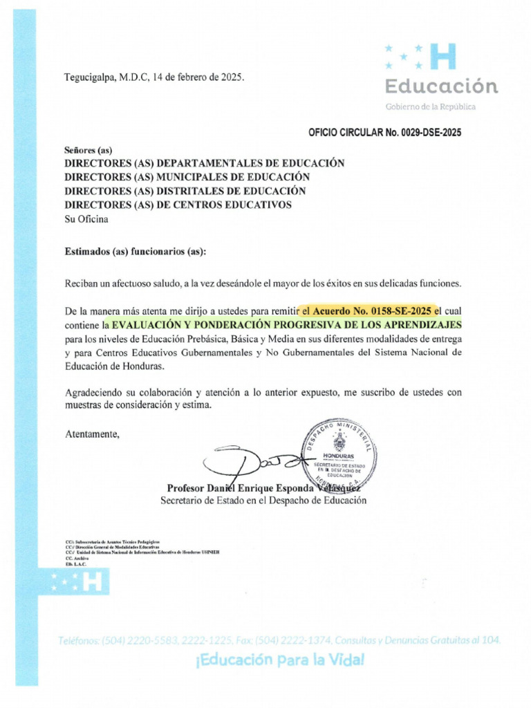 Oficio Circular No. 0029-DSE-2025-DDE-DME-DDistrital Educacion-DCE-Acuerdo No 0158-Evaluacion y ...