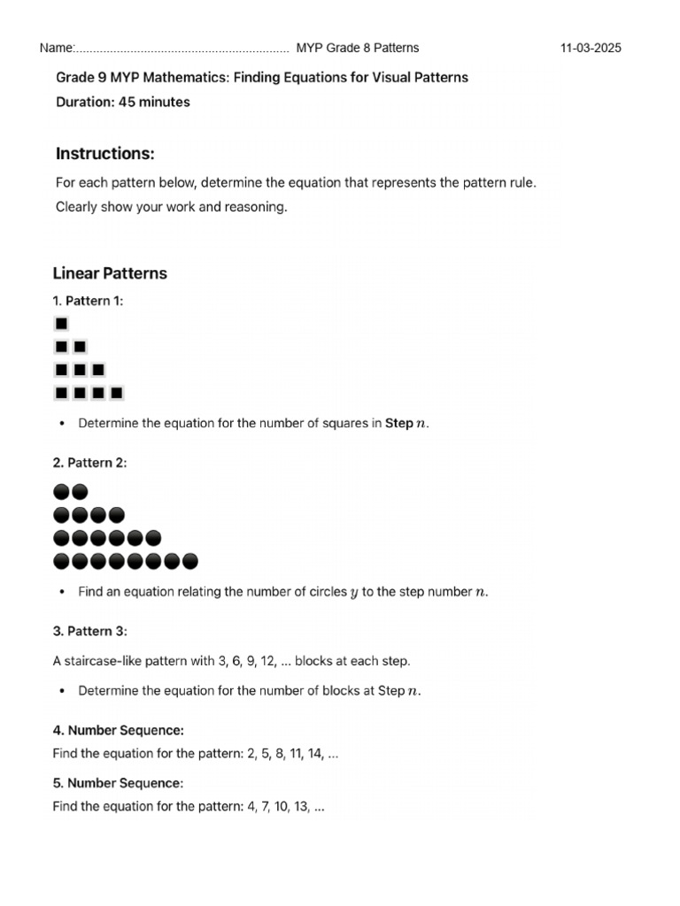 MYP Grade 8 Patterns 11-03-2025 | PDF