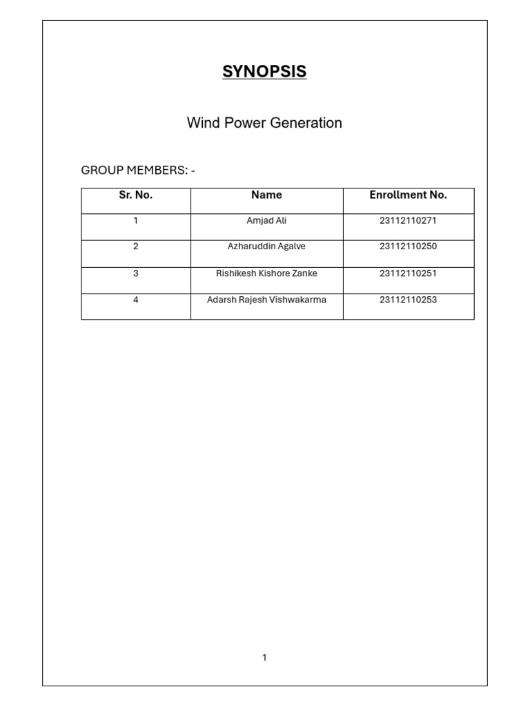 Synopsis-Wind Power Generation | PDF | Wind Power | Wind Turbine