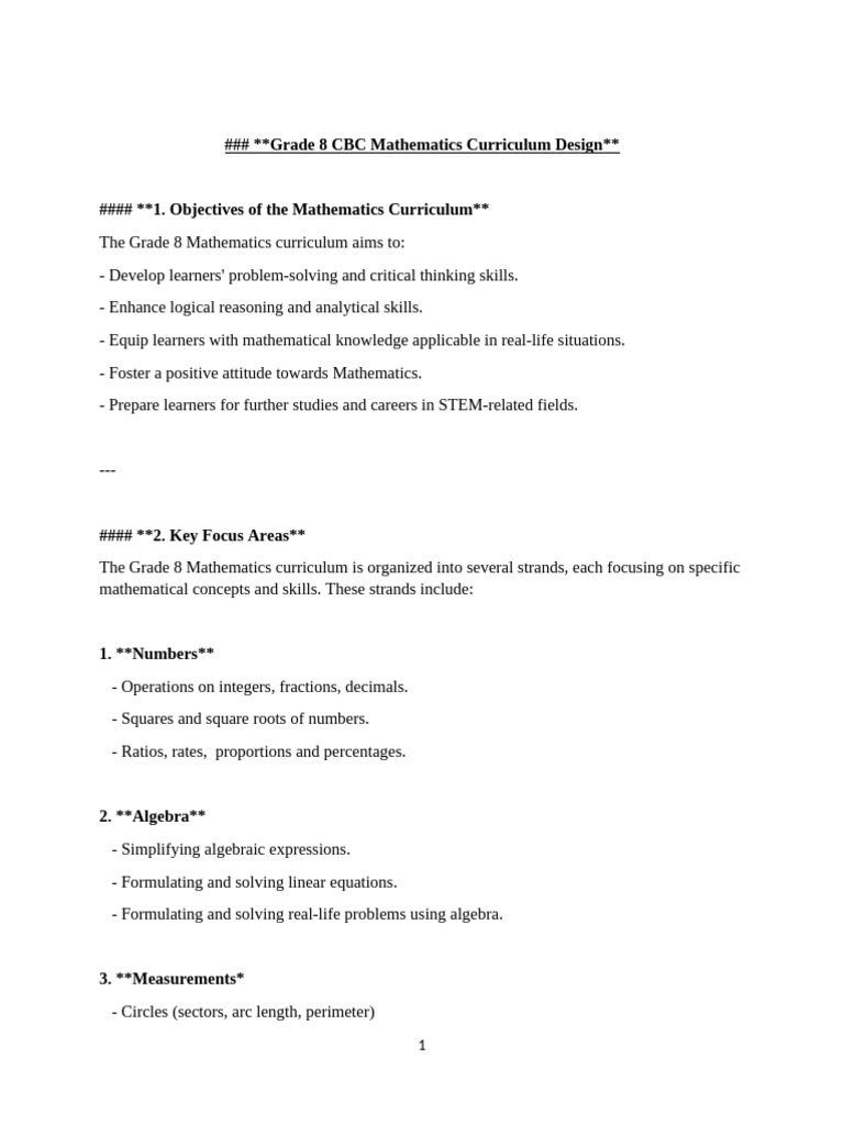 Grade 8 CBC Math Curriculum Overview | PDF | Mathematics | Educational ...