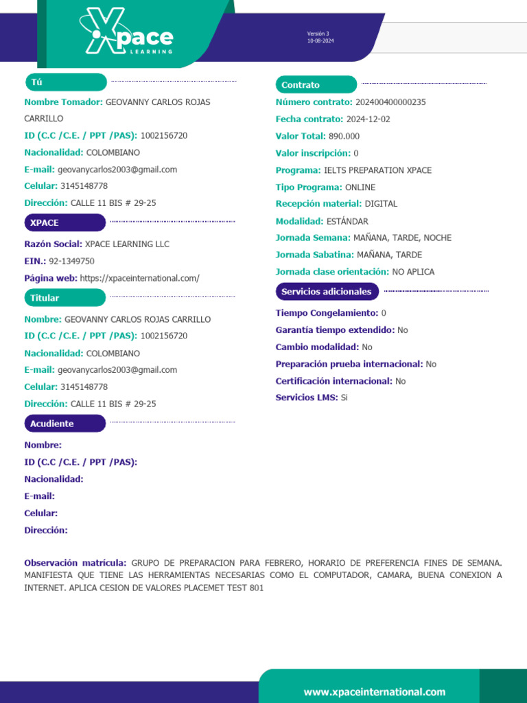 Contrato Xpace Learn Preparación Ielts Externo (1 Firmante) V240810 | PDF