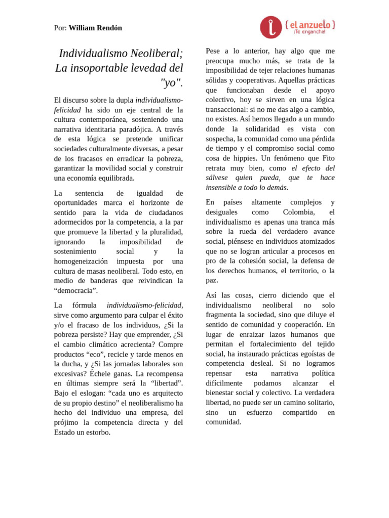 Individualismo Neoliberal | PDF | Individualismo | Neoliberalismo