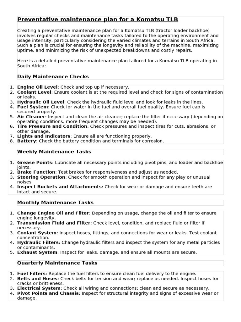 Komatsu TLB Preventative Maintenance Plan | PDF | Leak | Loader (Equipment)