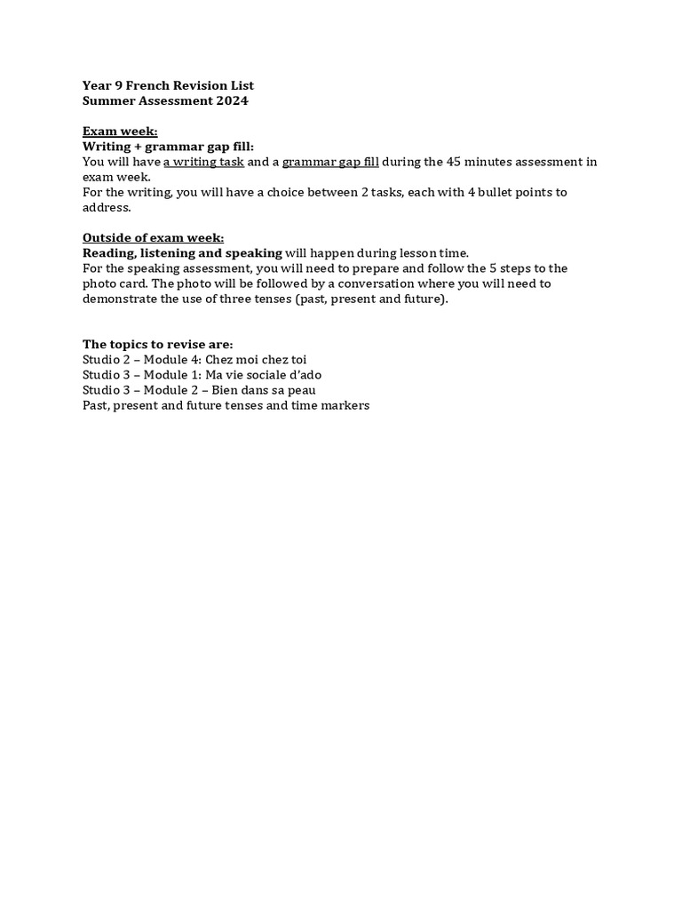 Year 9 French Revision Guide 2024 | PDF