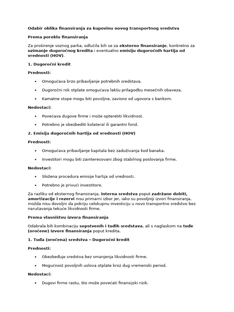 Odabir Oblika Finansiranja Za Kupovinu Novog Transportnog Sredstva | PDF