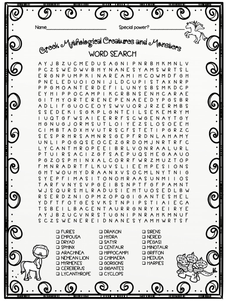 GreekMythologicalCreaturesandMonstersWordSearch-1 | PDF | Greek Mythology