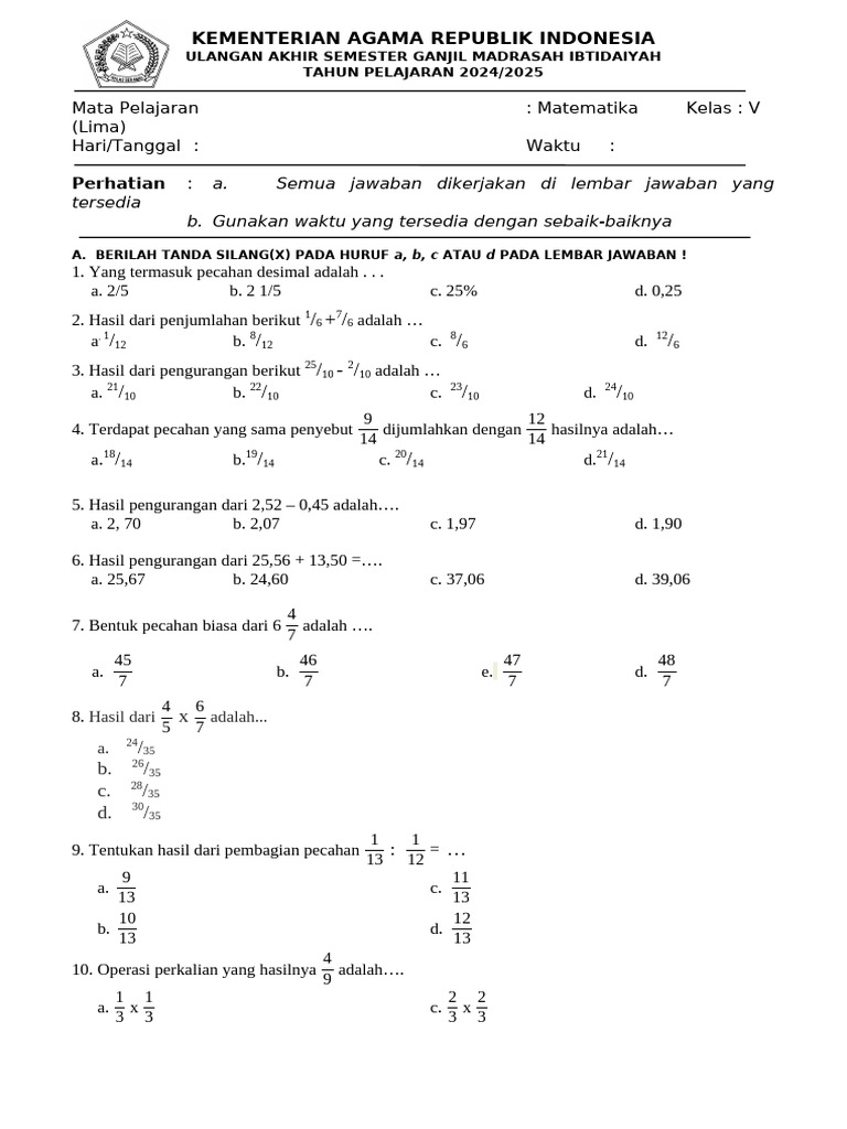 Soal MTK Ganjil Kelas 5 2024-2025 | PDF