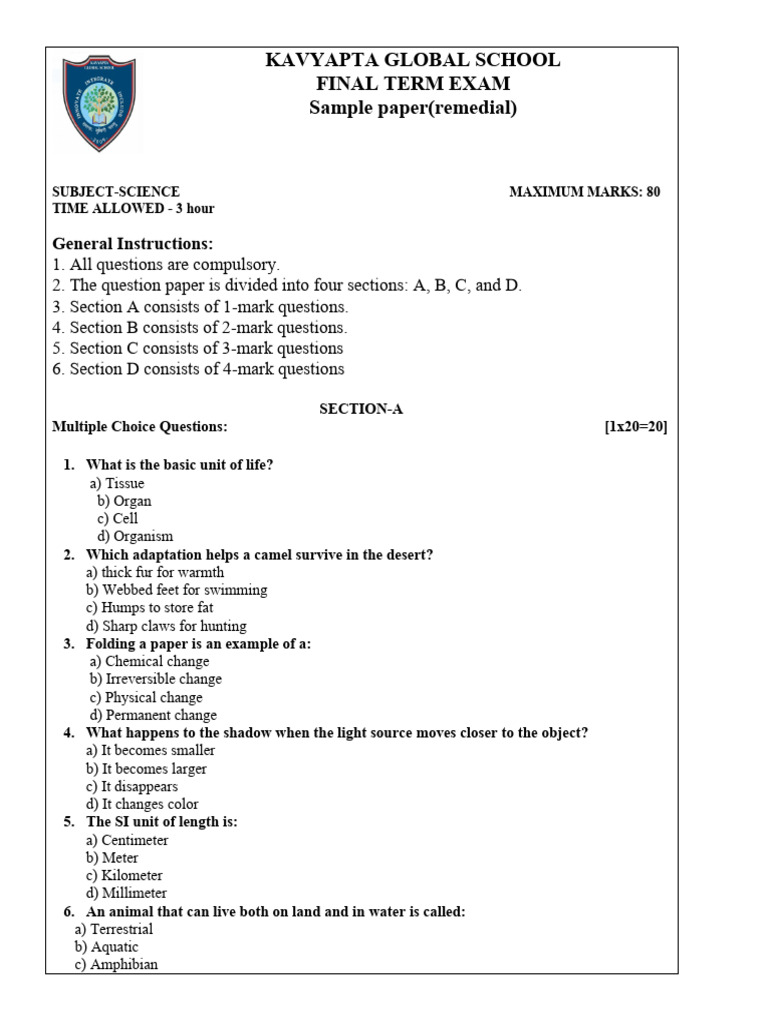 Sample Paper Remedial 6 To 8 | PDF | Water | Mirror