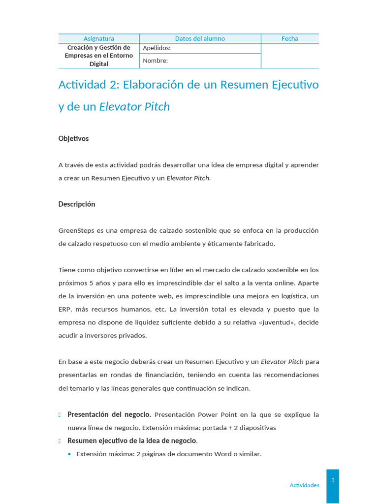 Act2 Elaboración de Un Resumen Ejecutivo y de Un Elevator Pitch | PDF | Economias