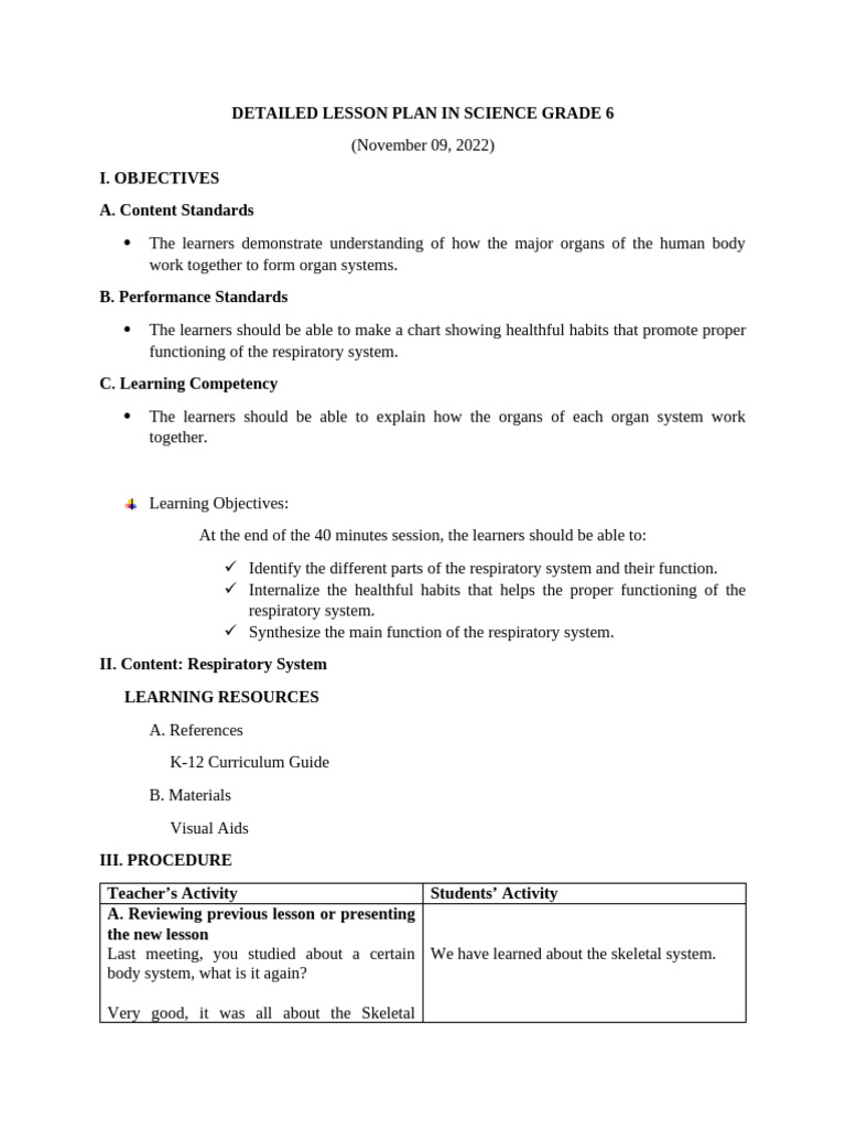 Detailed Lesson Plan in Science Grade 6. | PDF | Lung | Breathing