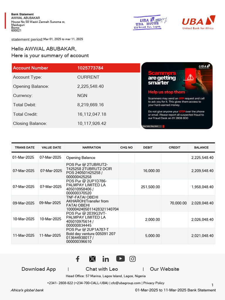 UBA Bank Statement | PDF | Money | Financial Economics