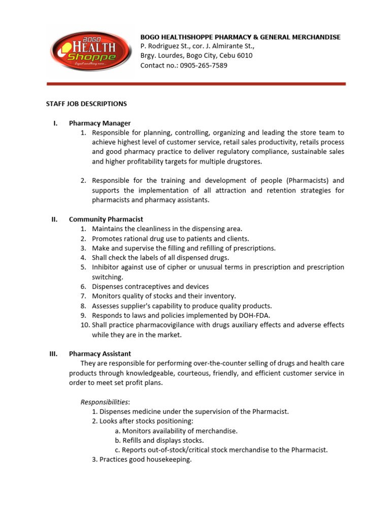 Sample Community Pharmacy Job Description | PDF | Pharmacy | Pharmacist
