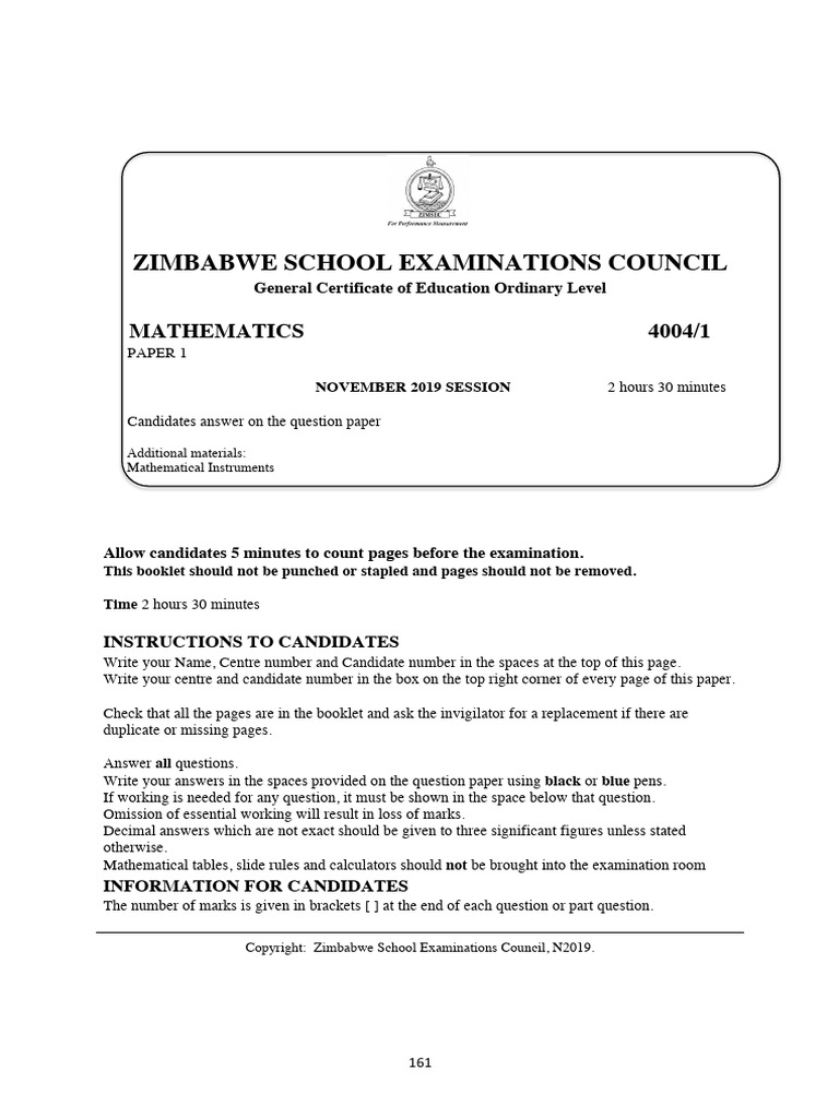Zimsec O Level Mathematics November 2019 Past Exam Paper 1 | PDF ...