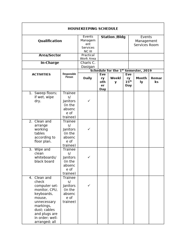 Housekeeping Schedule Qualification Even | PDF | Home