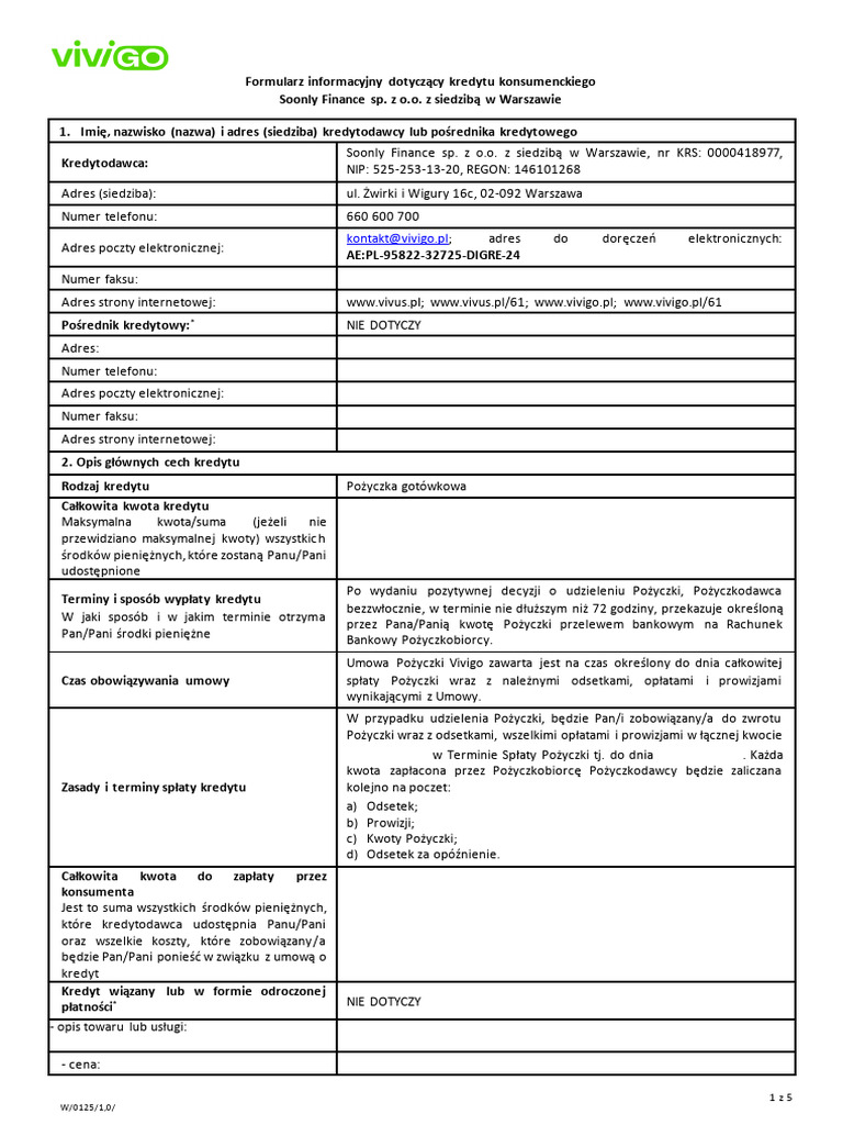 Soonly Finance 1. Kredytodawca:: Kontakt@vivigo - PL | PDF