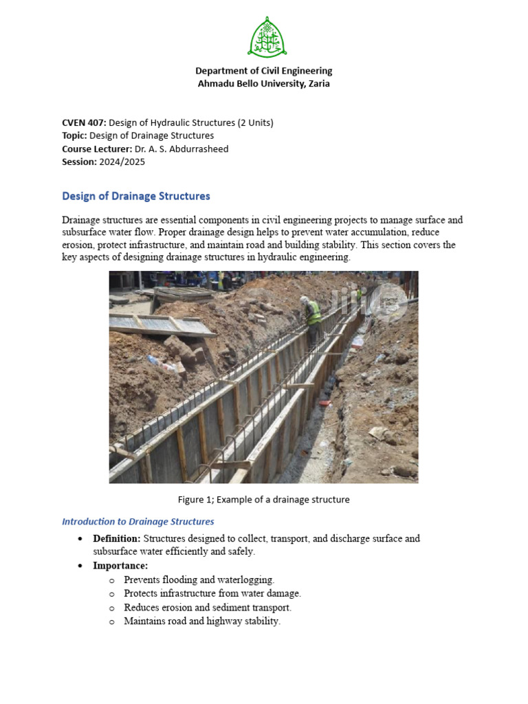 CVEN 407 - Design of Drainage Structures | PDF | Storm Drain | Drainage