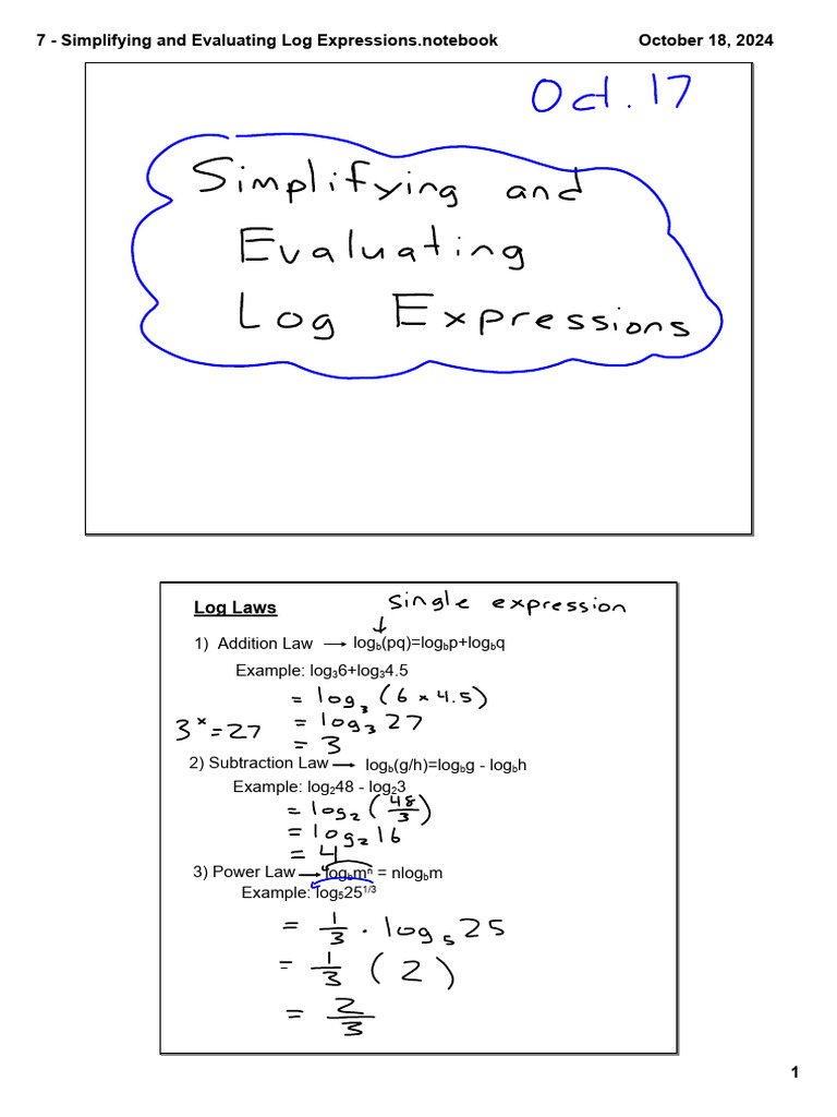 7 Simplifying and Evaluating Log Expressions - Notebook October 18, 2024 | PDF