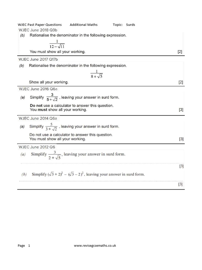 Surds WJEC PP Questions | PDF