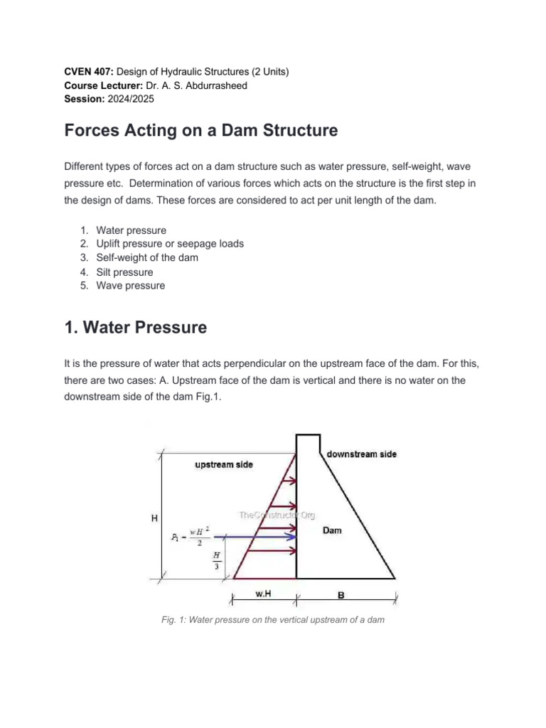 CVEN 407 - Forces Acting On A Dam Structure - 1 | PDF | Dam | Pressure