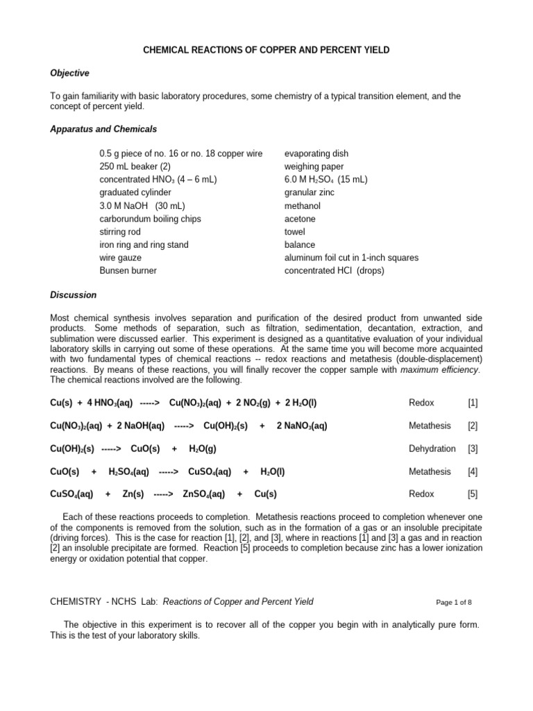 Chemical Reactions of Copper and Percent Yield | PDF | Chemical ...