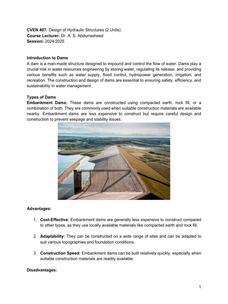 Hydraulic Structures: Dam Design Overview | PDF | Dam | Reservoir
