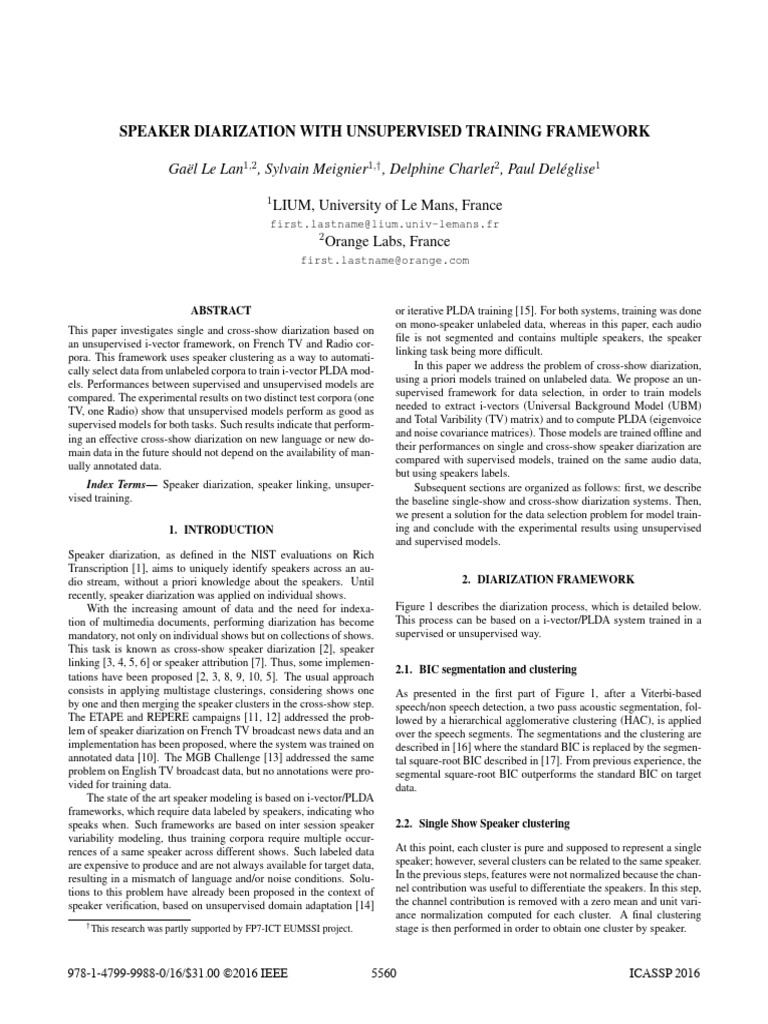 Speaker Diarization With Unsupervised Training Framework | PDF | Cluster Analysis | Matrix ...