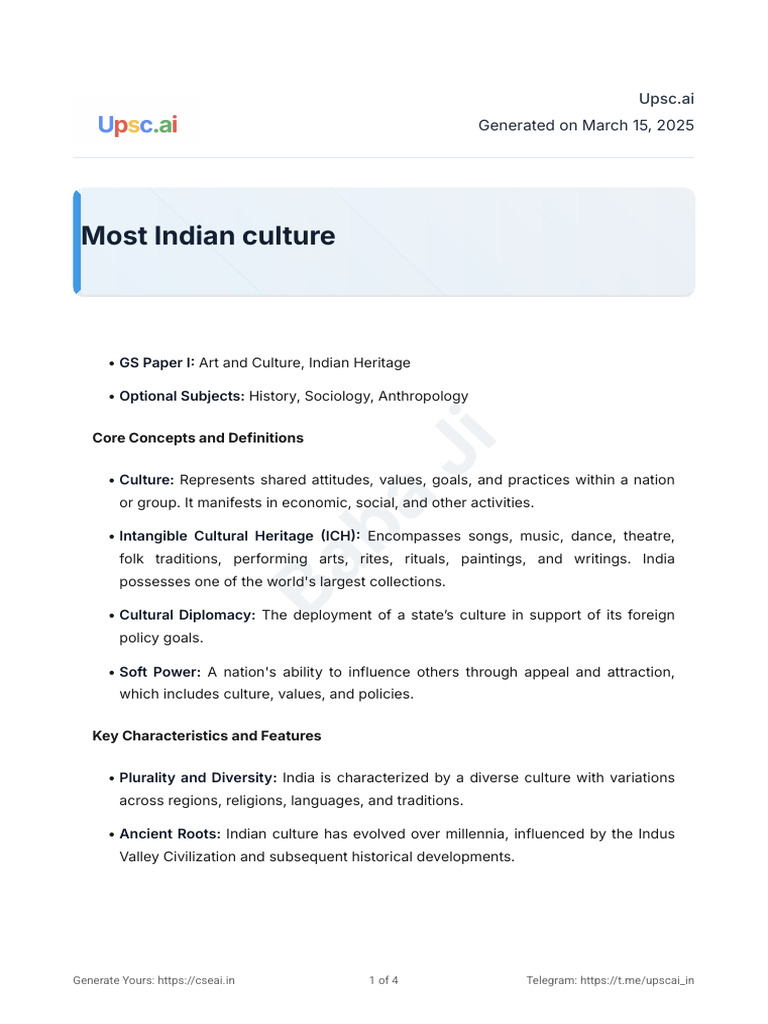 Most Indian Culture - 20250315 - 153655 - tmpz8nb1g6l | PDF | Cultural Heritage | Traditions
