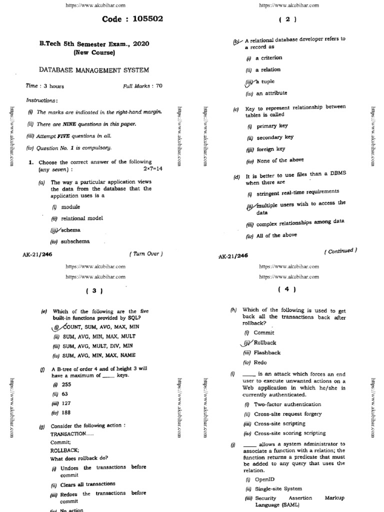 Btech 5 Sem Database Management System 105502 2020 | PDF