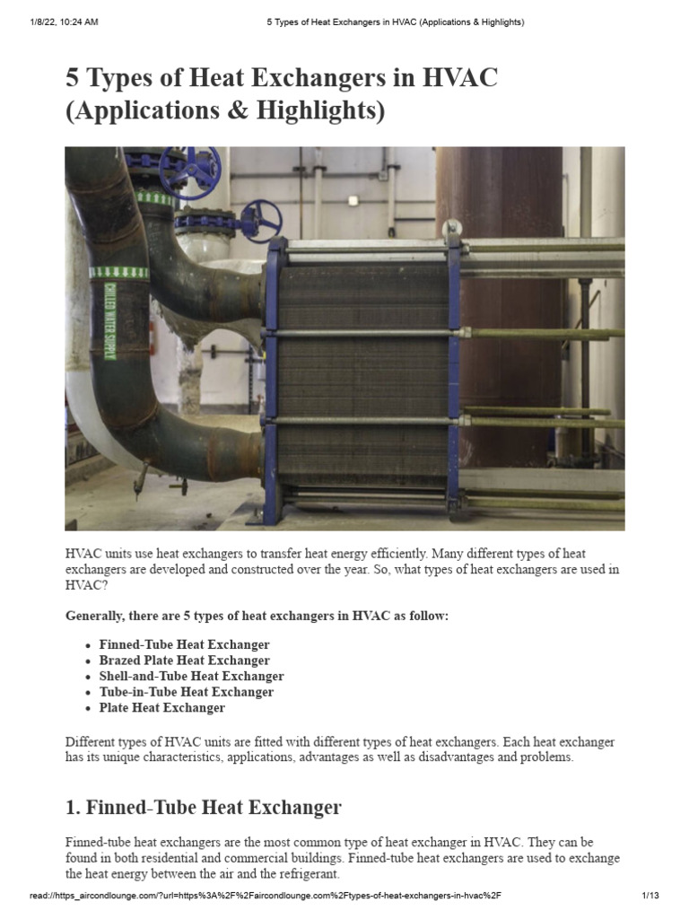 5 Types of Heat Exchangers in HVAC (Applications & Highlights) | PDF ...