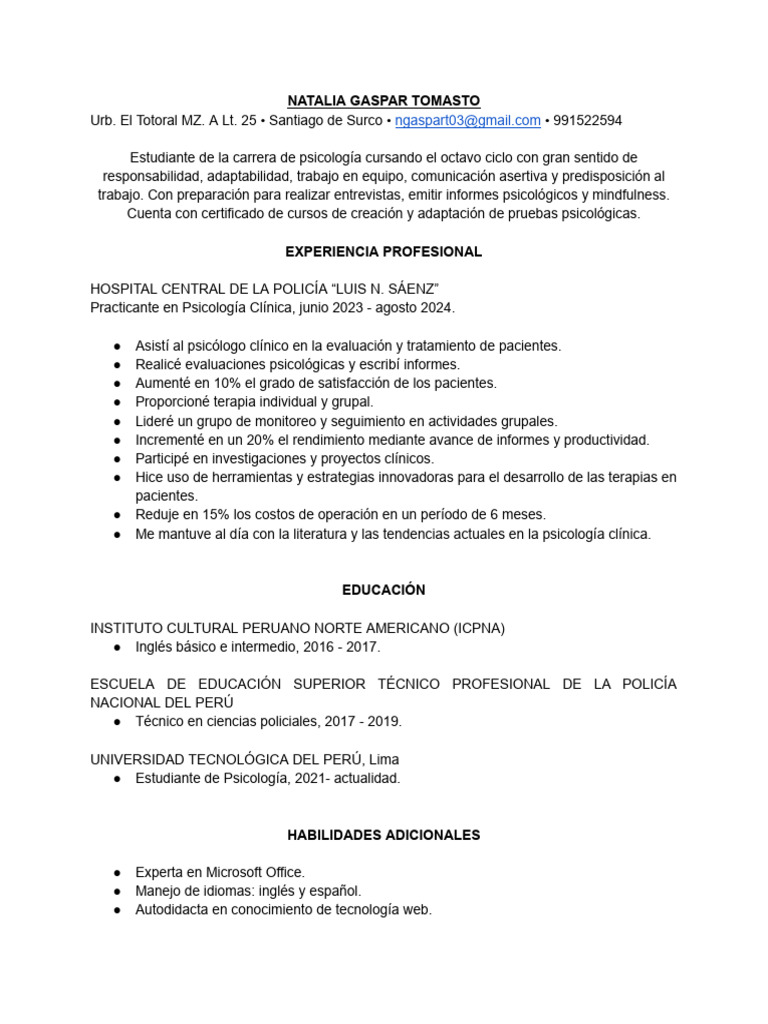 CV - Natalia Gaspar Tomasto | PDF