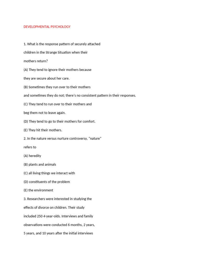 Developmental Psychology MCQ | PDF | Cognitive Development | Psychological Concepts