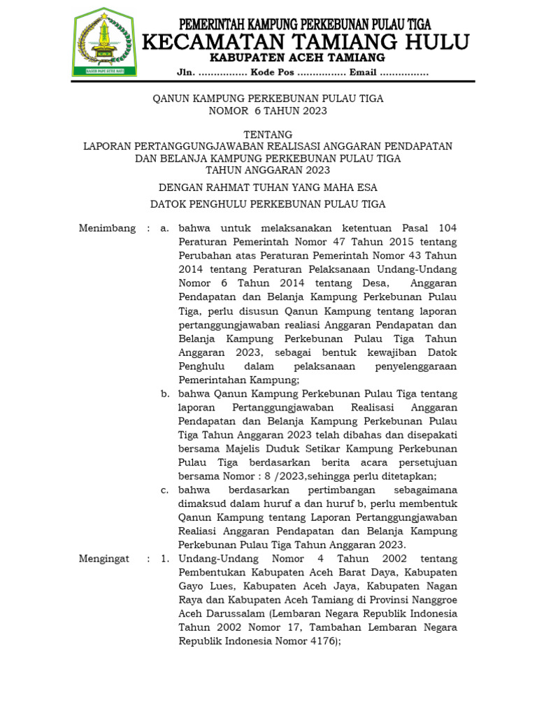 Qanun Realisasi APBK 2023 GABUNG CALK | PDF