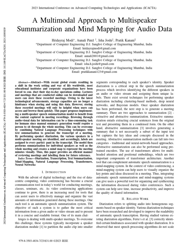 A Multimodal Approach To Multispeaker Summarization and Mind Mapping For Audio Data | PDF | Deep ...