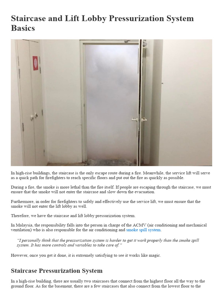 Staircase and Lift Lobby Pressurization System Basics | PDF | Elevator | Lift (Force)