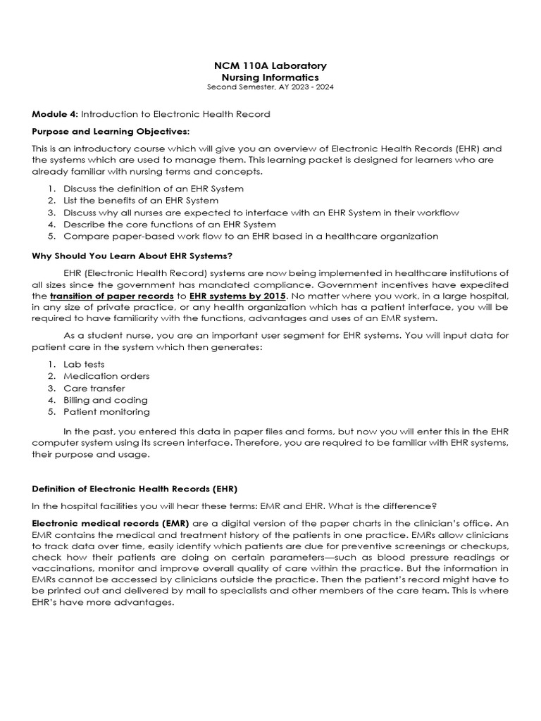 NCM 101A Laboratory Module 4 Introduction To Electronic Health Record | PDF | Electronic Health ...