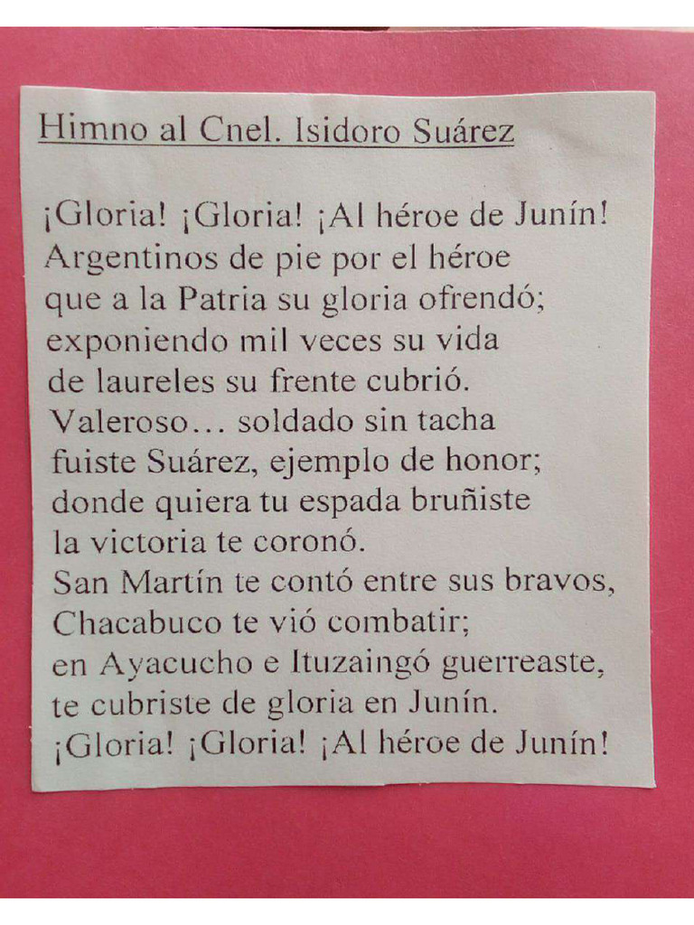 Himno Al Coronel Isidoro Suárez (Letra Abreviada) | PDF