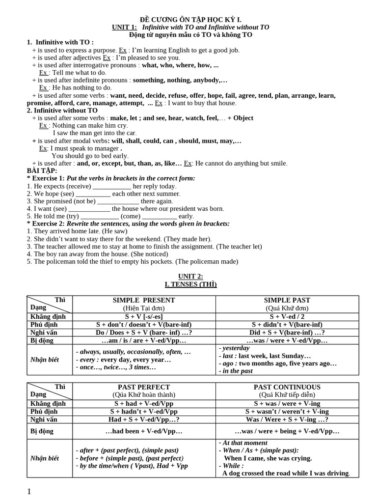 De Cuong On Tap Hoc Hki I | PDF | Verb | Perfect (Grammar)