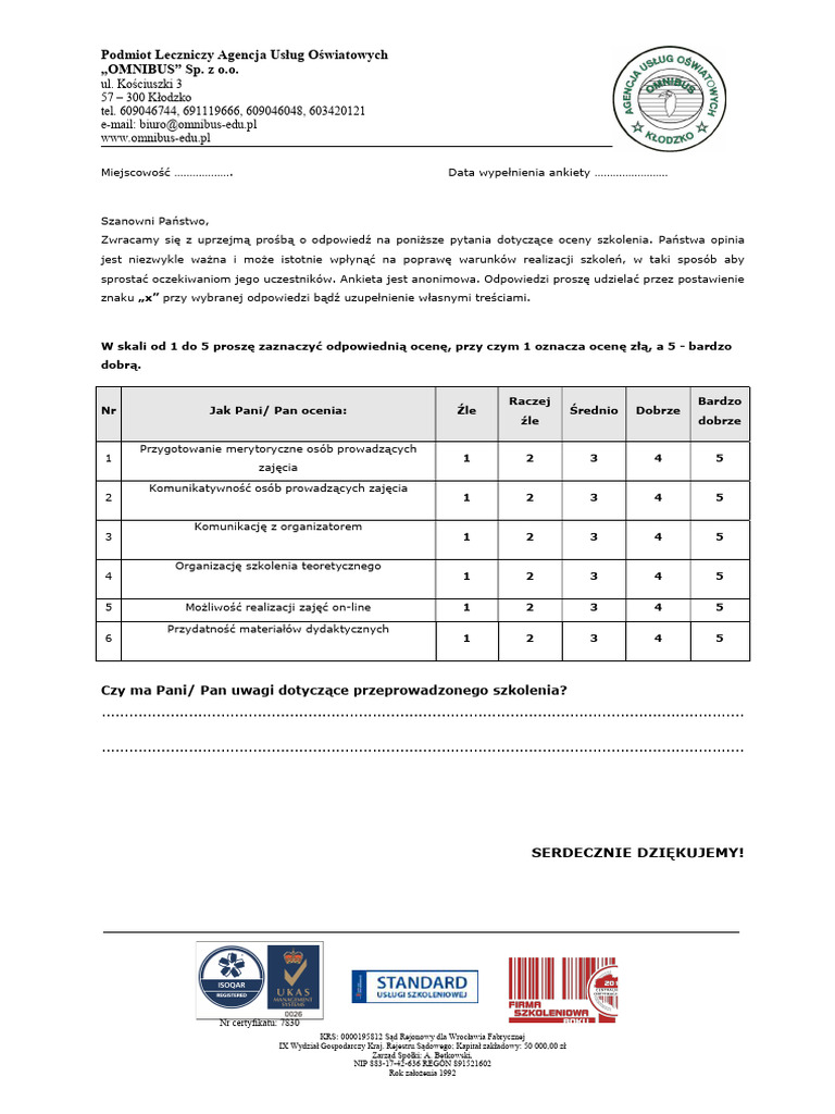 Ankieta Zadowolenia | PDF