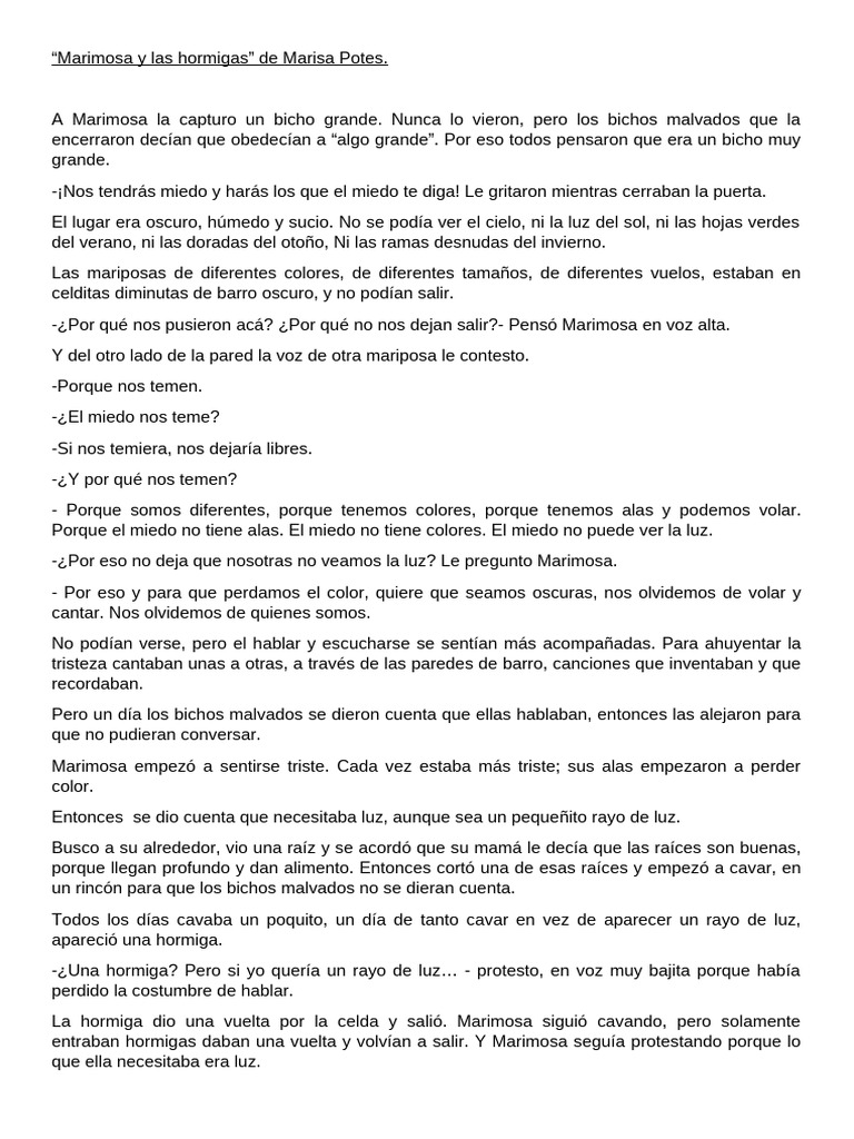 Marimosa y las hormigas: un cuento de libertad | PDF