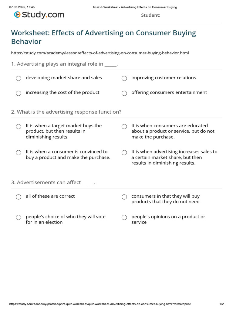 Quiz & Worksheet - Advertising Effects On Consumer Buying | PDF ...