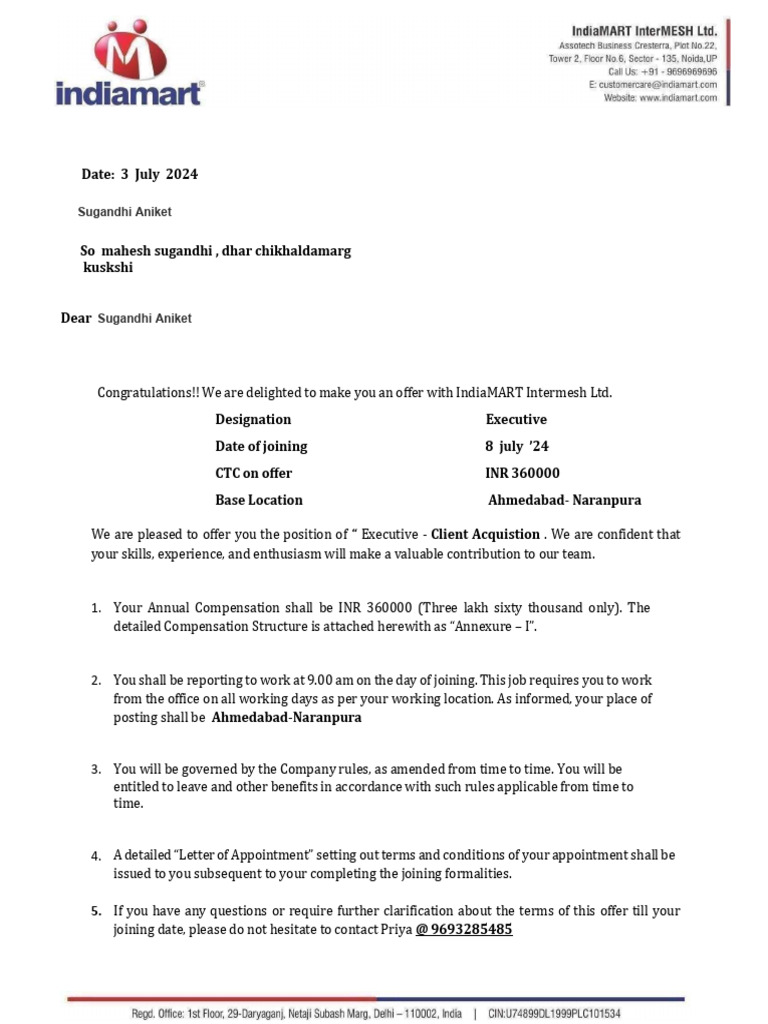 IndiaMART Job Offer for Aniket Sugandhi | PDF | Taxes | Government Finances