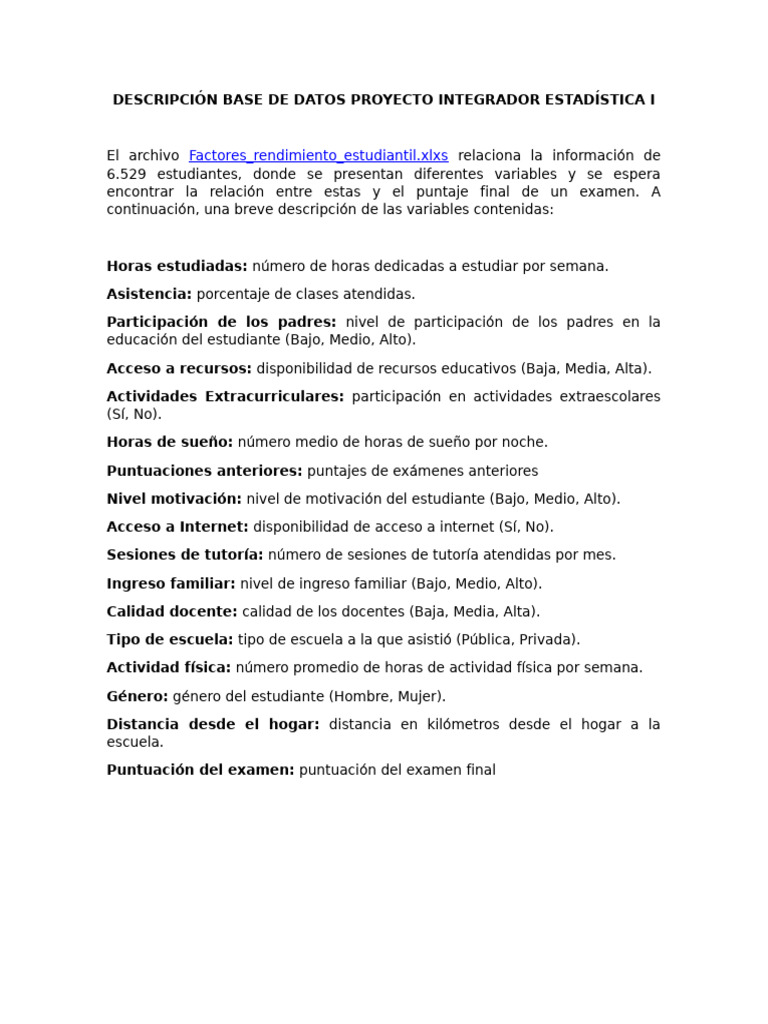 Descripción Base de Datos Proyecto Integrador Estadística I | PDF