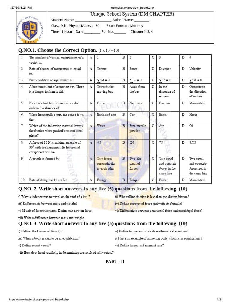 Class 9th Chapter 3 and 4 Physics | PDF | Force | Torque
