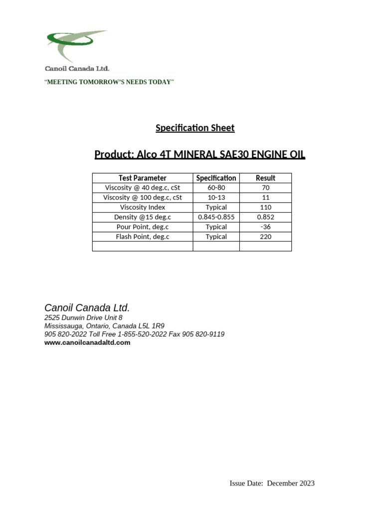 SAE 30 Engine Oil Specification Sheet | PDF