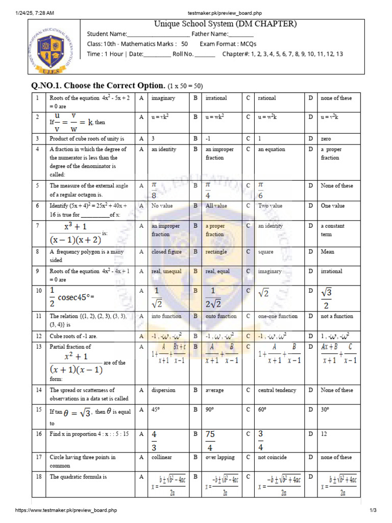 Class 10 Maths MCQ Exam Paper | PDF | Trigonometric Functions | Circle